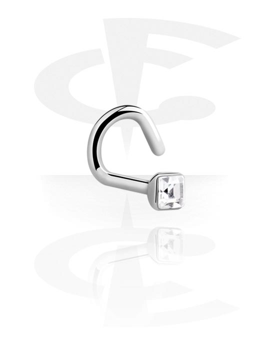 Curved nose stud (surgical steel, silver, shiny finish) with crystal ...