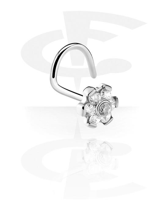 Curved nose stud (surgical steel, silver, shiny finish) with flower ...