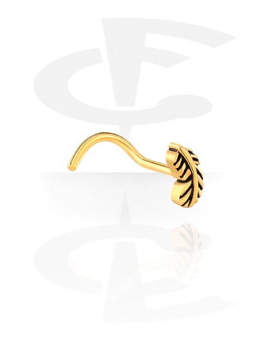 Curved nose stud (surgical steel, gold, shiny finish) with feather ...