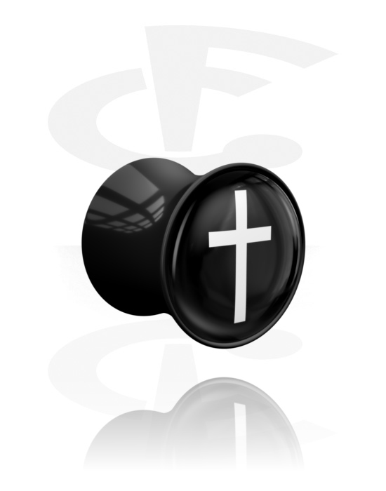 Double flared plug (acrylic, black) with cross design (Acrylic) | The ...