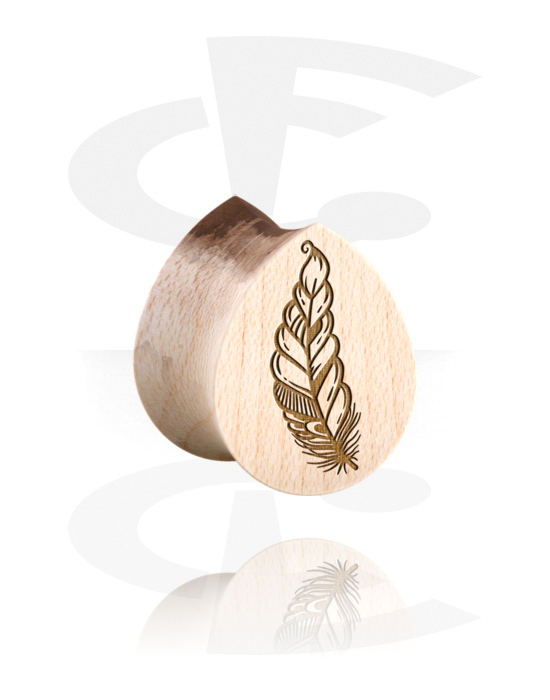 Tear-shaped double flared plug (wood) with laser engraving "feather ...