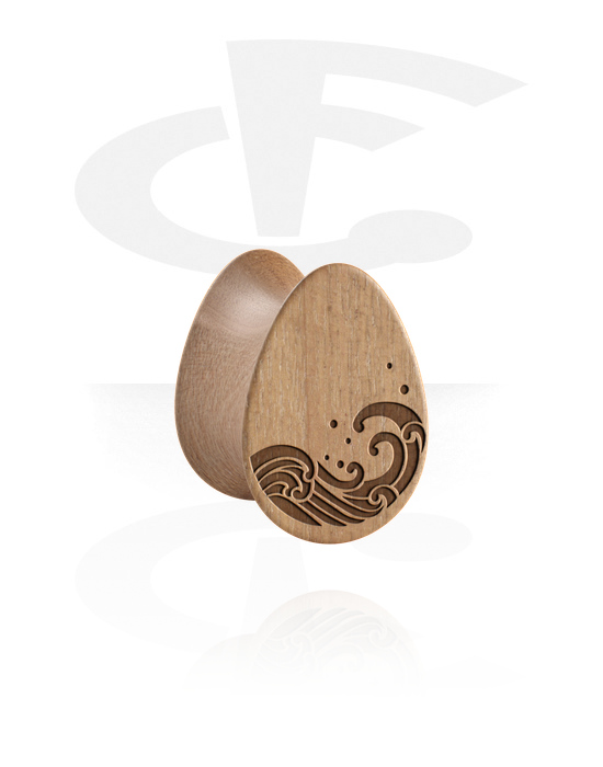 Tear-shaped double flared plug (wood) with laser engraving "water waves ...