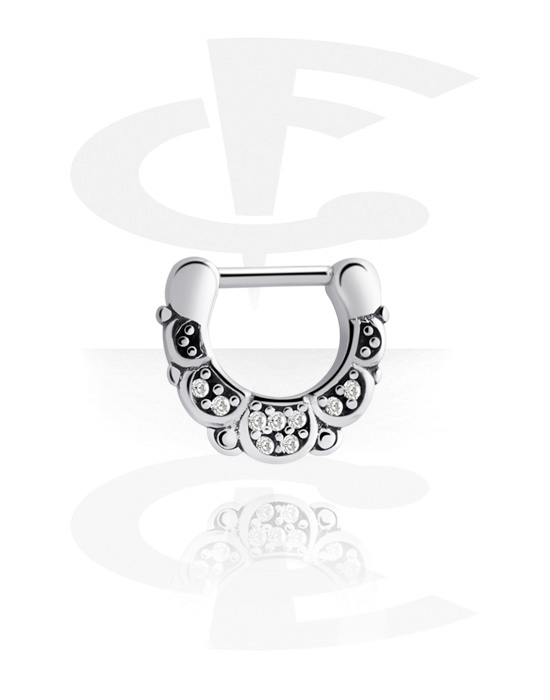 Septum clicker (surgical steel, silver, shiny finish) with vintage design and crystal stones ...