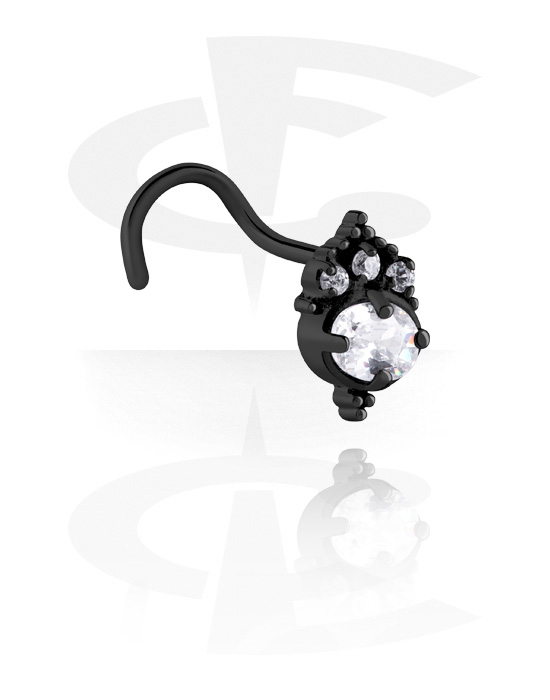 Curved nose stud (surgical steel, black, shiny finish) with crystal ...